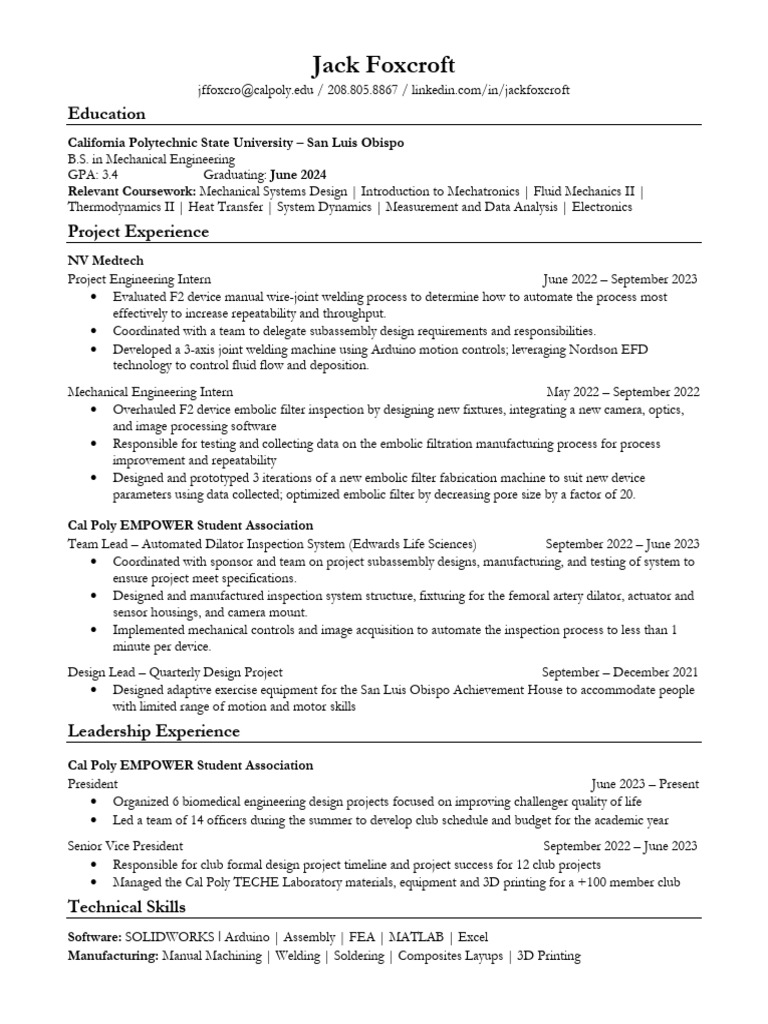 foxcroft jack resume | PDF | Mechanical Engineering | Engineering