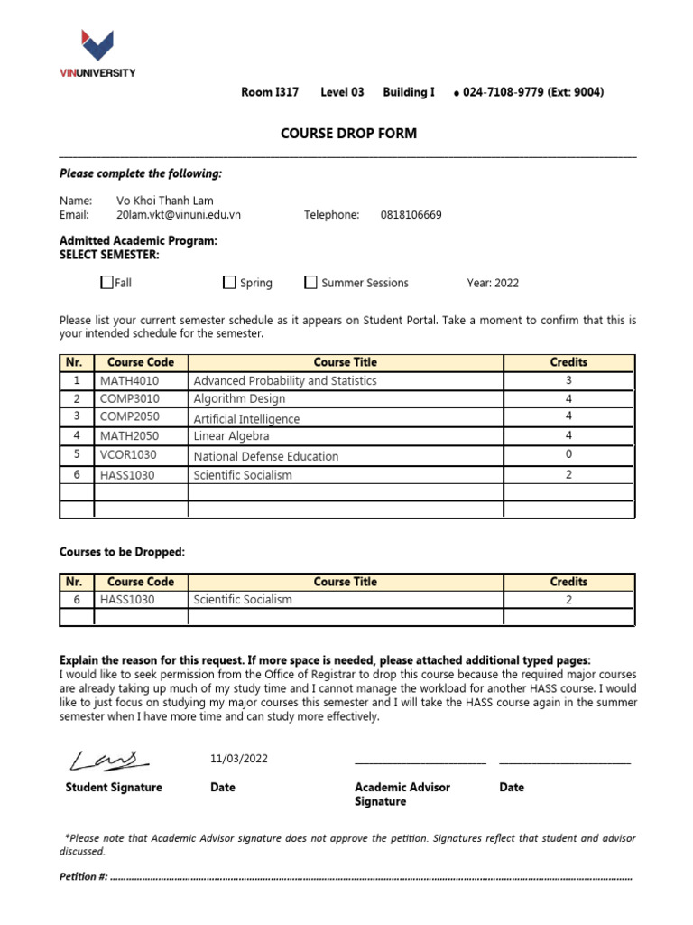 FRM04 - VinUni - Add Drop Form | PDF | Career & Growth | Business