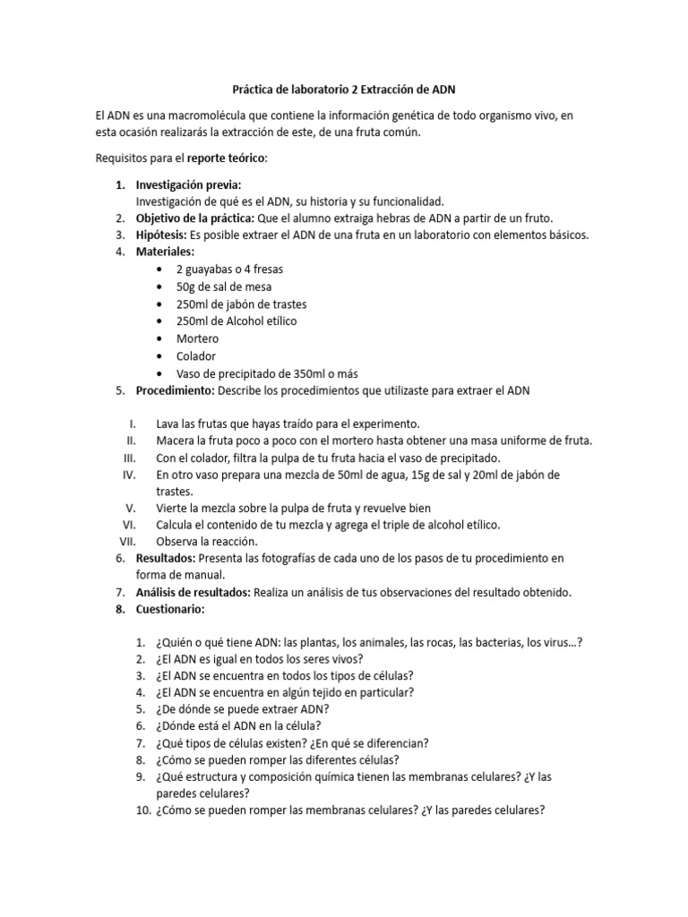 Práctica de Laboratorio 2 Extracción de ADN | PDF