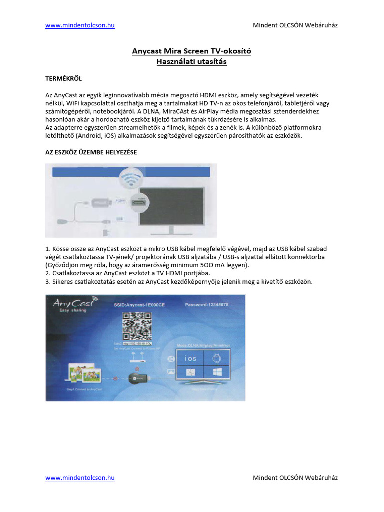 AnyCast Mira Screen Magyar Hasznalati Utmutato | PDF