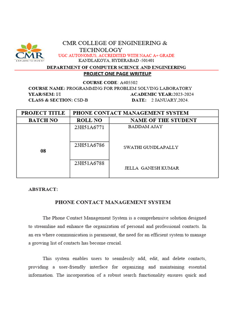 Phone Contact Management System, Abstract | PDF