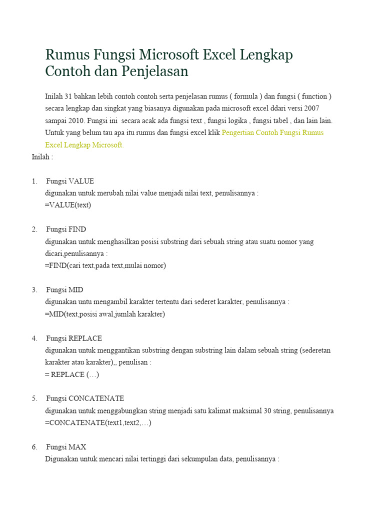 Rumus Fungsi Microsoft Excel Lengkap Contoh Dan Penjelasan | PDF
