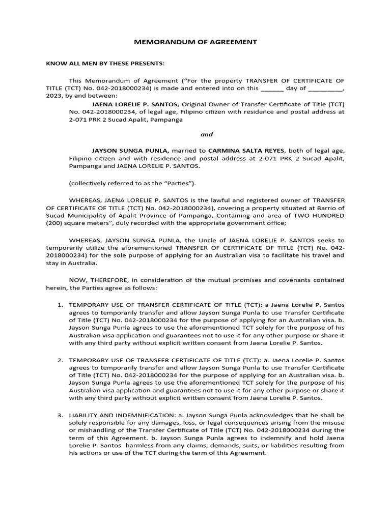Temporary TCT Use for Visa Application | PDF | Indemnity | Civil Law ...