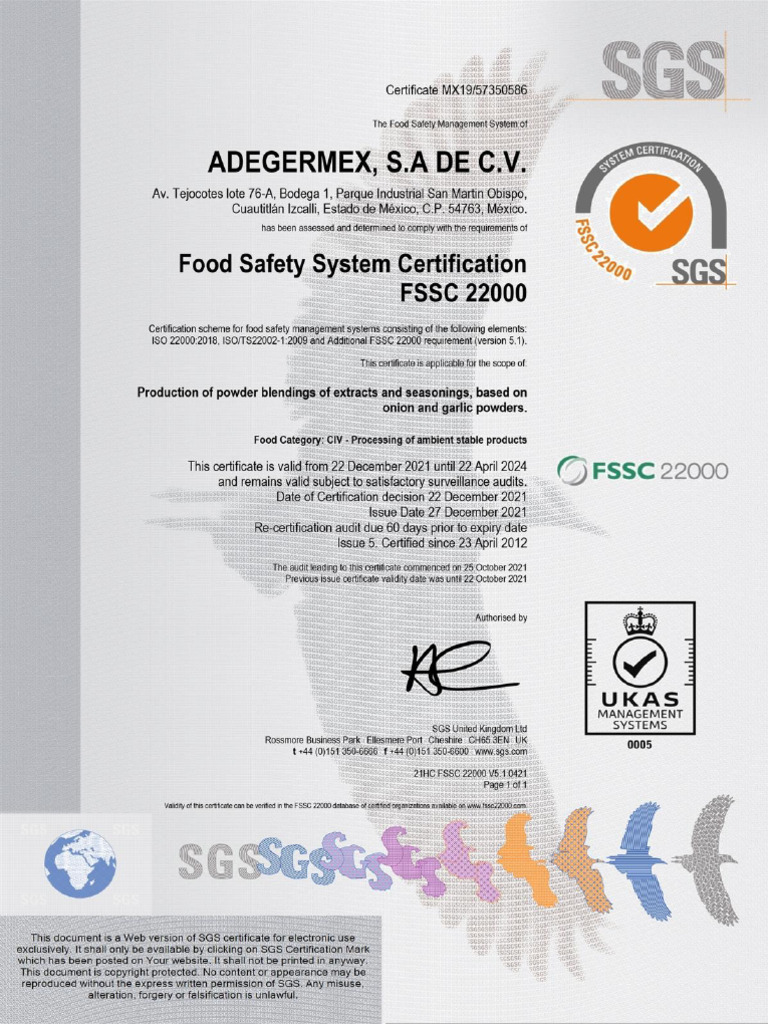 Certificate FSSC 22000 v5.1 - ADEGERMEX SA DE CV | PDF