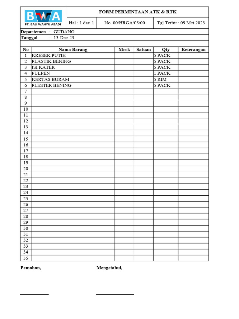 Form Permintaan ATK & RTK BWA | PDF