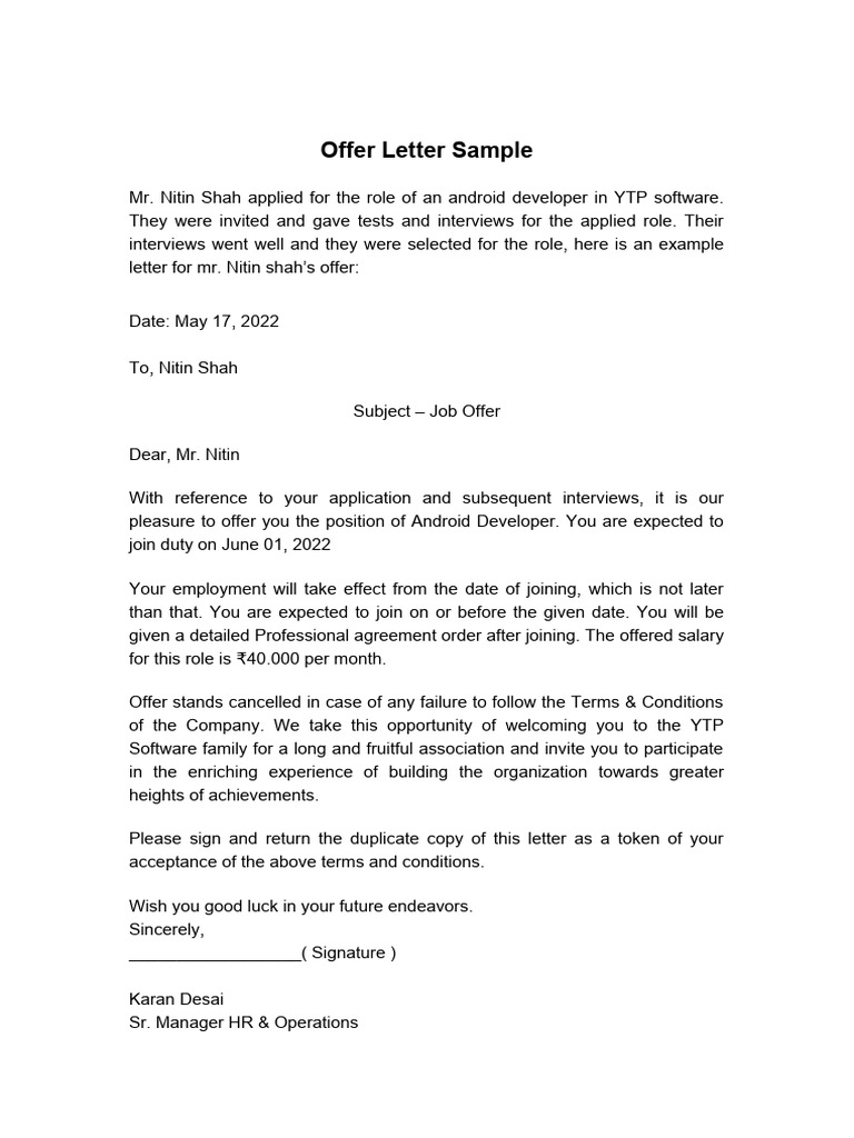 Offer Letter Sample - 1 | PDF