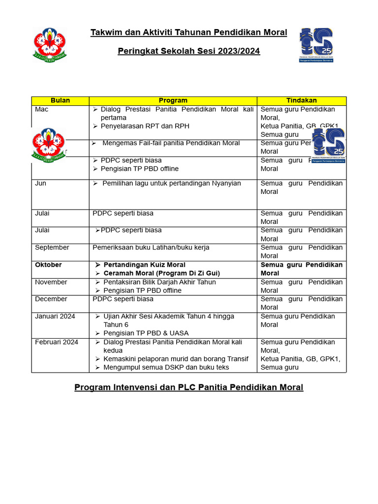 Takwim Dan Aktiviti Tahunan Panitia Moral 2023 2024 | PDF