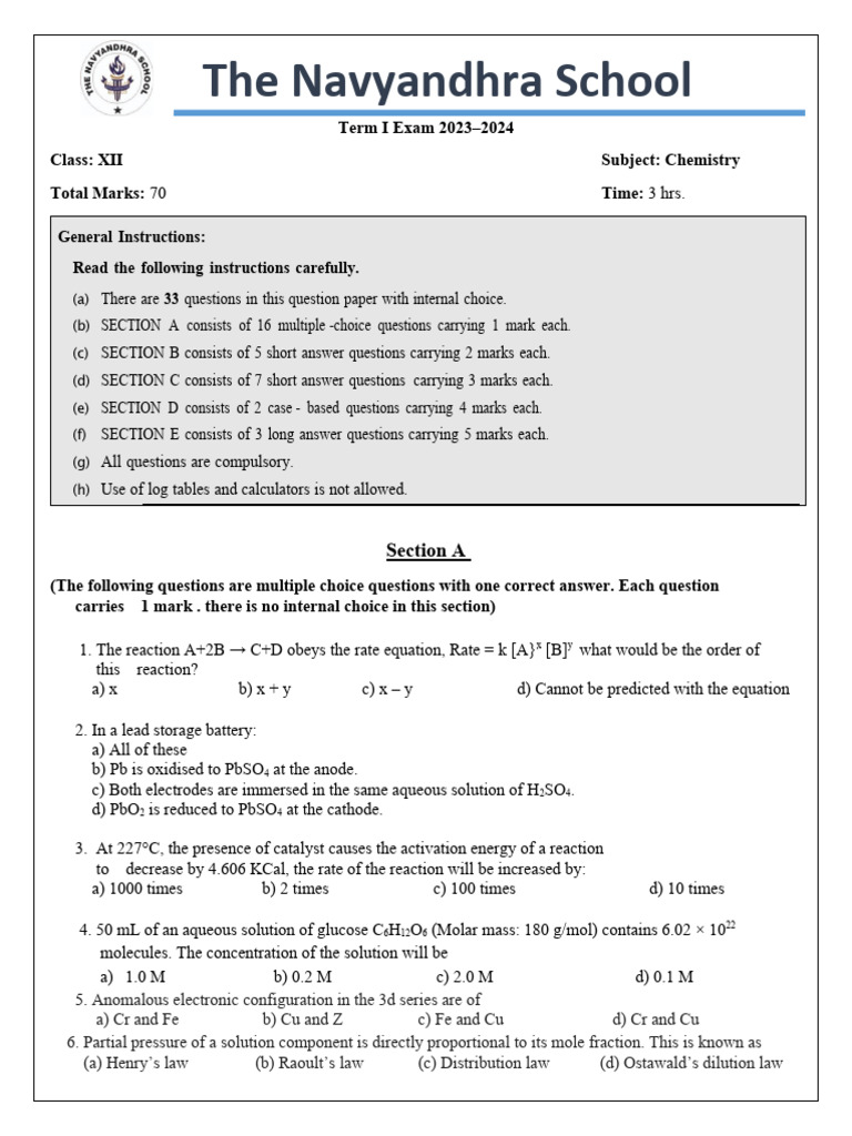 Mid Term Exam Grade 12 Chemistry | PDF | Transition Metals ...