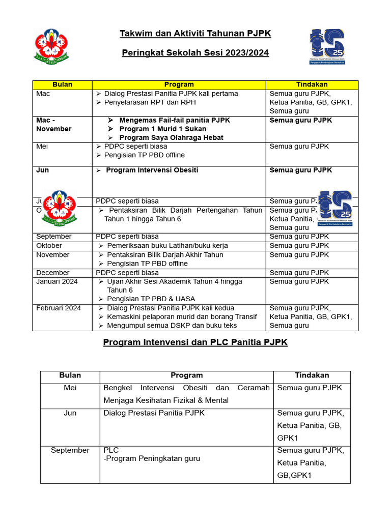 Takwim Dan Aktiviti Tahunan Panitia PJPK 2023 2024 | PDF