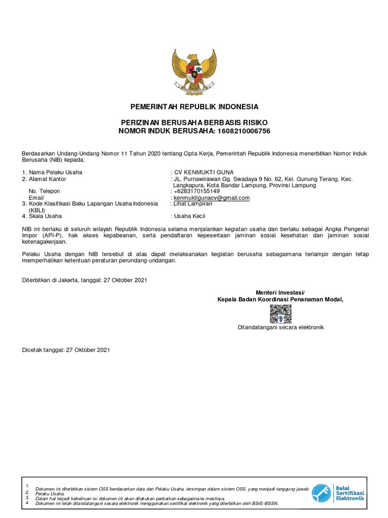 NIB CV. Kenmukti | PDF