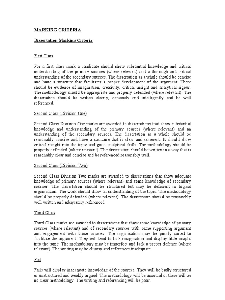 Marking Criteria Dissertation Marking Criteria Pdf Insight