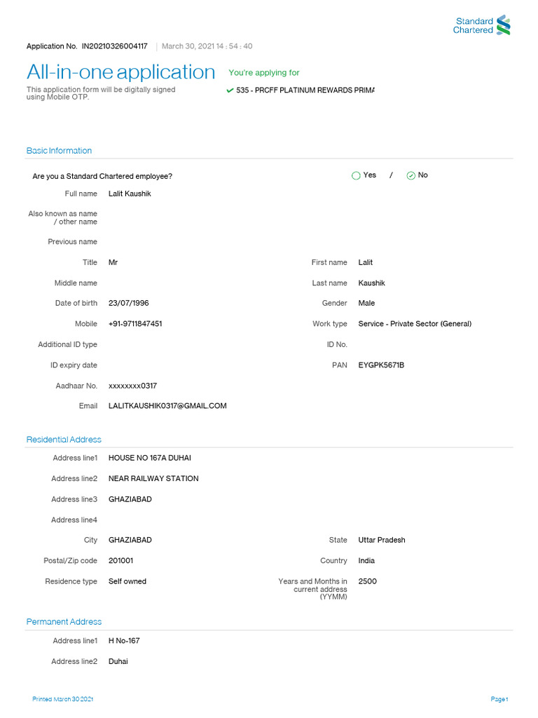 Standard Chartered Credit Card Application | PDF