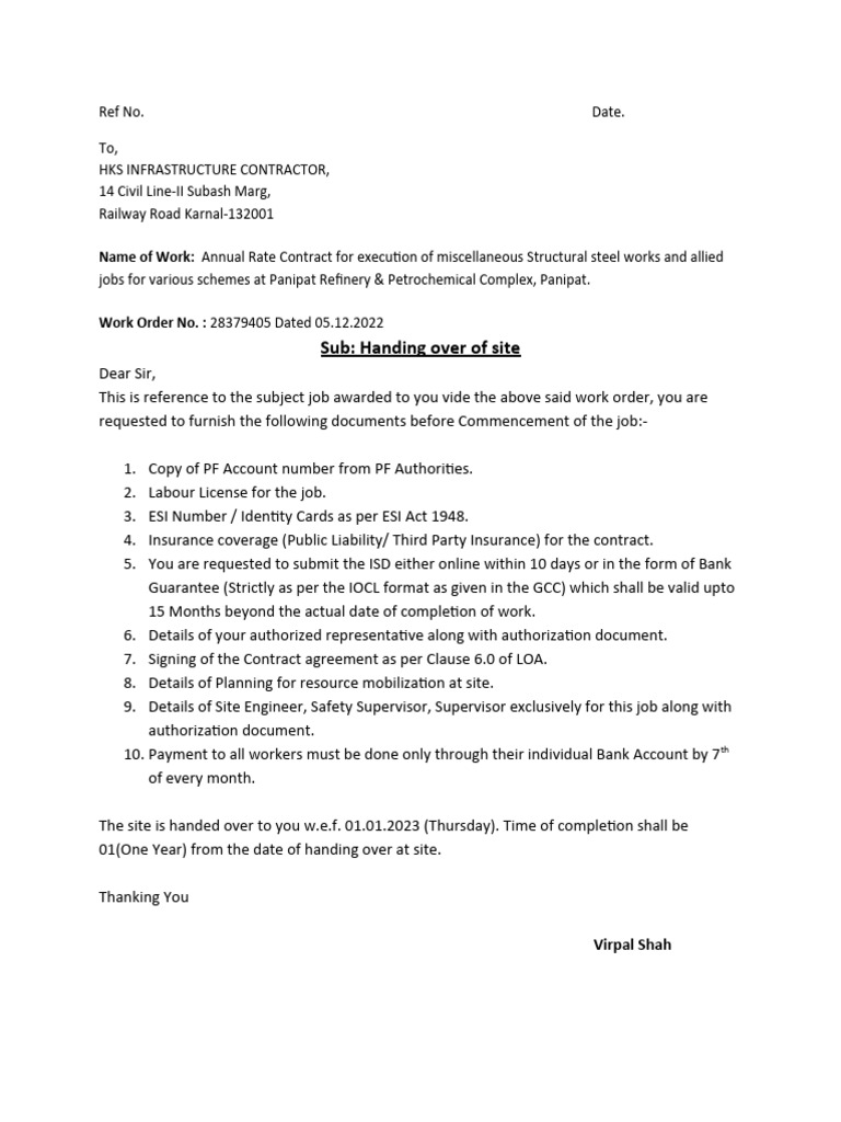 Site Handover Letter | PDF | Technology & Engineering