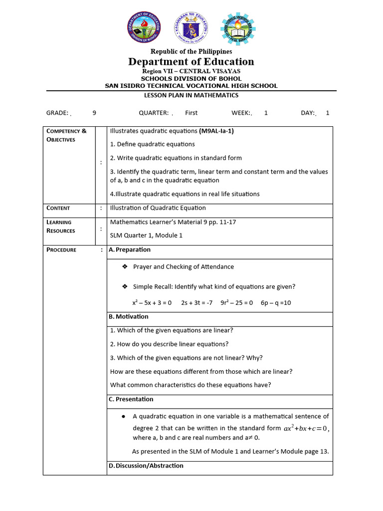 Wk1 Day 1 4 Prototype Lesson Plan in Math 9 | Download Free PDF ...