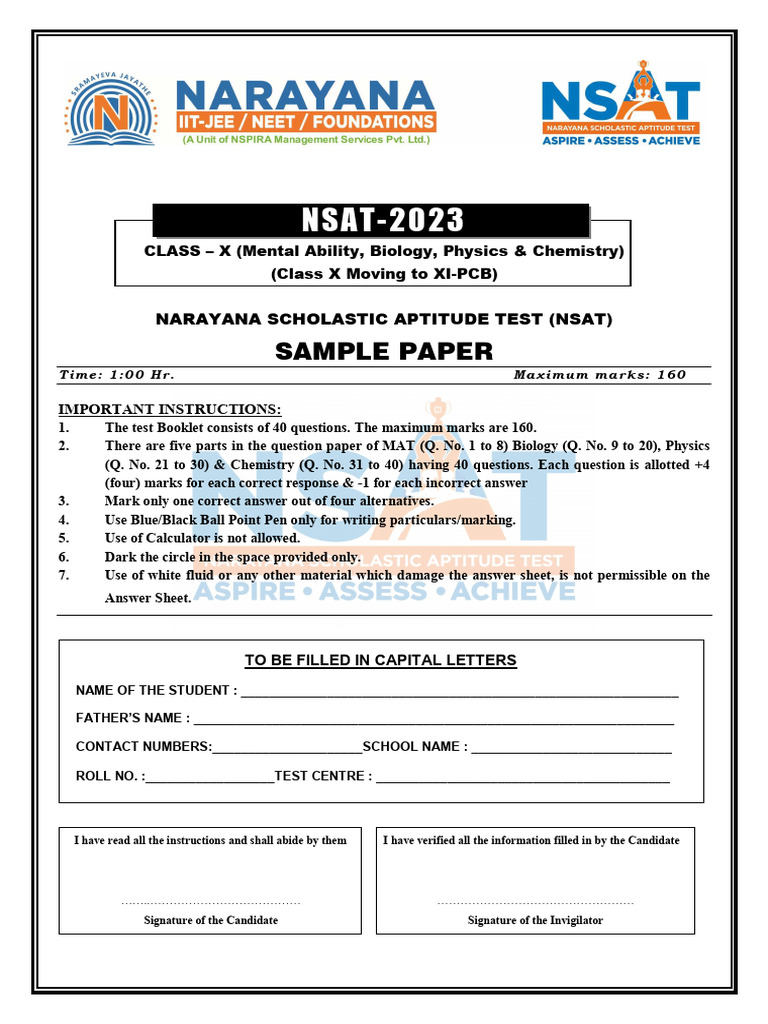 Class X To XI NSAT QP PCB | PDF | Science & Mathematics
