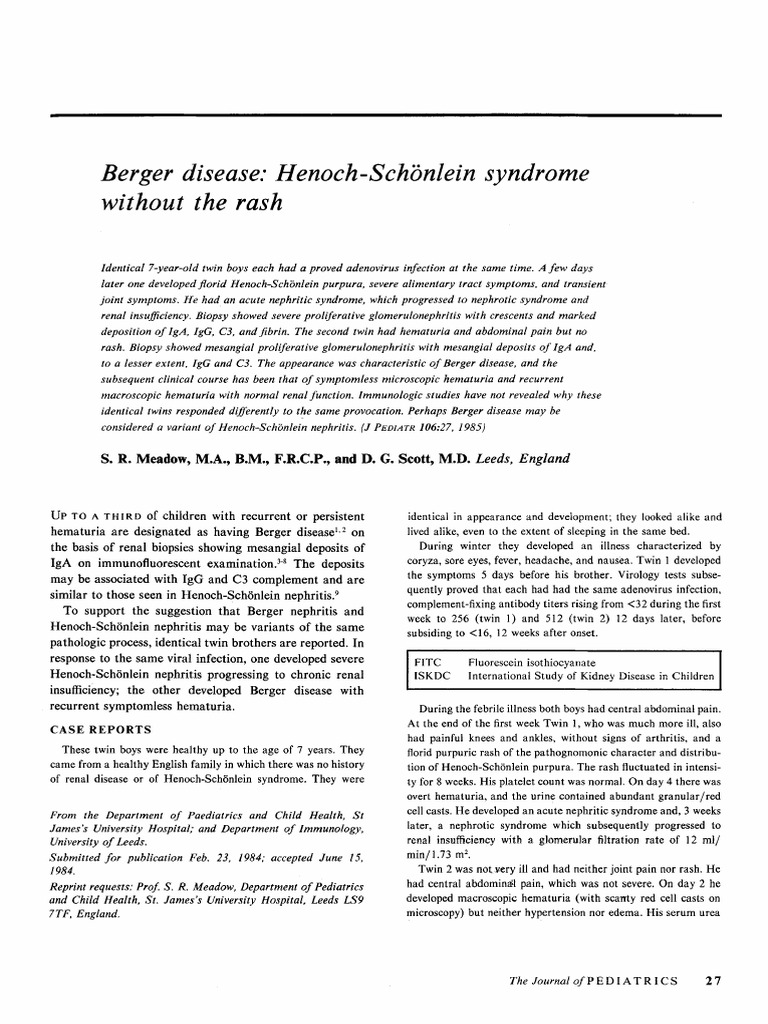 Berger Disease, Henoch - Scholein Syndrome Without The Rash | PDF