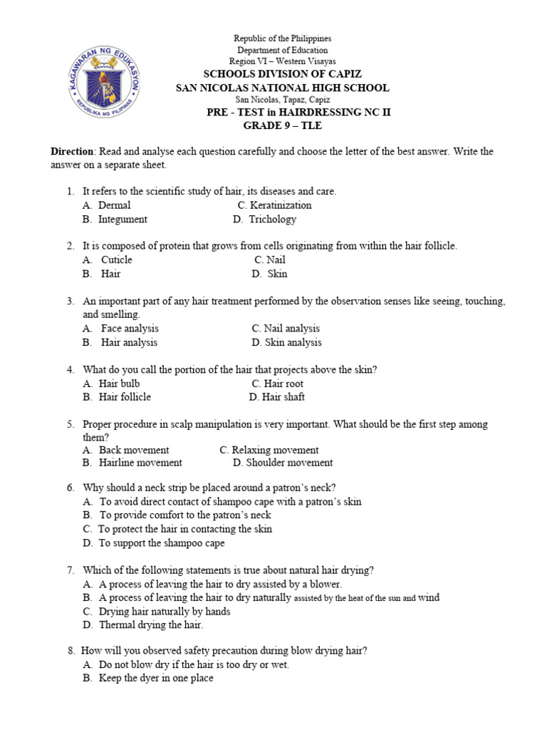 Pre-Test Grade 9 Hairdressing | PDF Pre-Test Grade 9 Hairdressing | PDF