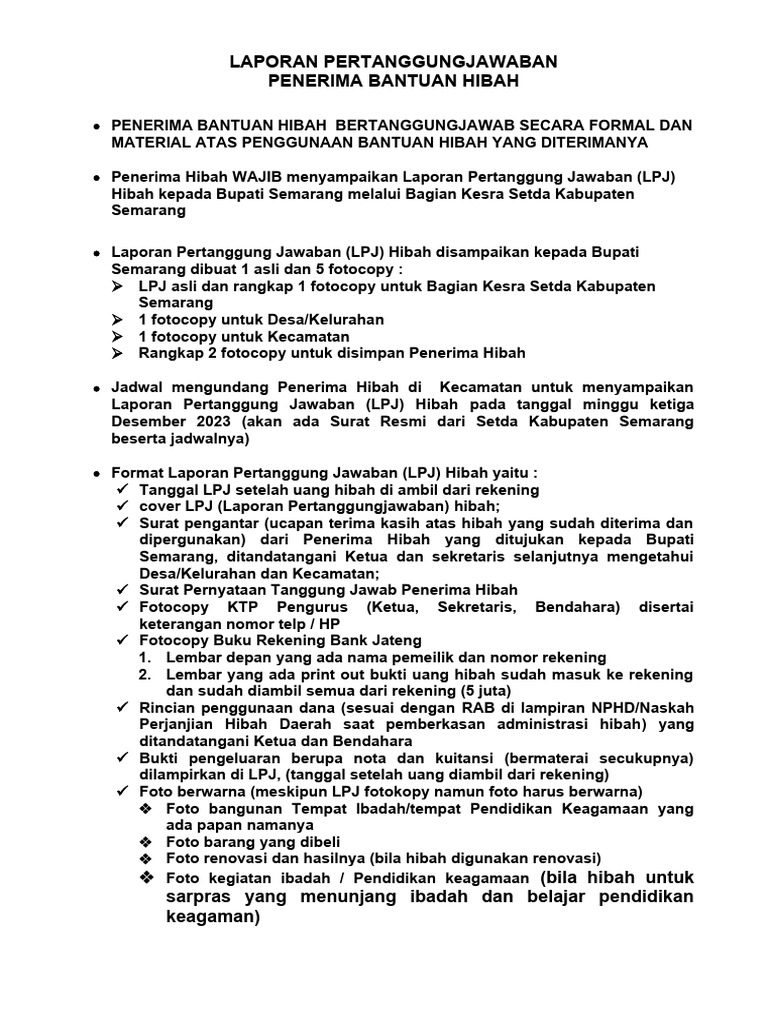 Contoh LPJ Laporan Pertanggungjawaban Hibah Kesra Rwinia | PDF