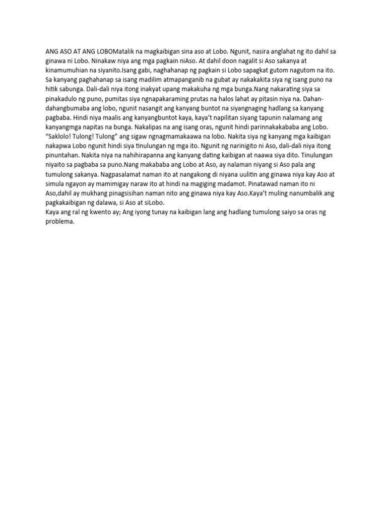 ANG ASO AT ANG LOBOMatalik Na Magkaibigan Sina Aso at Lobo | PDF