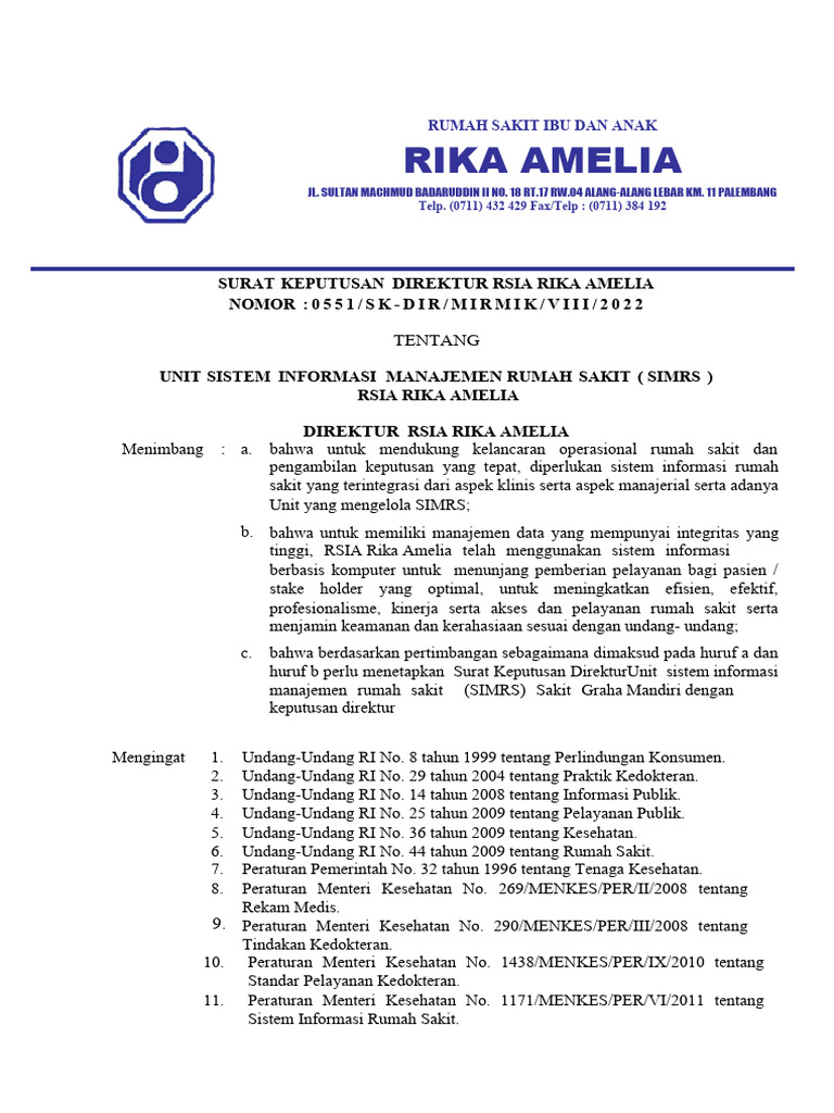 SK Unit Simrs Rsia Rika Amelia | PDF