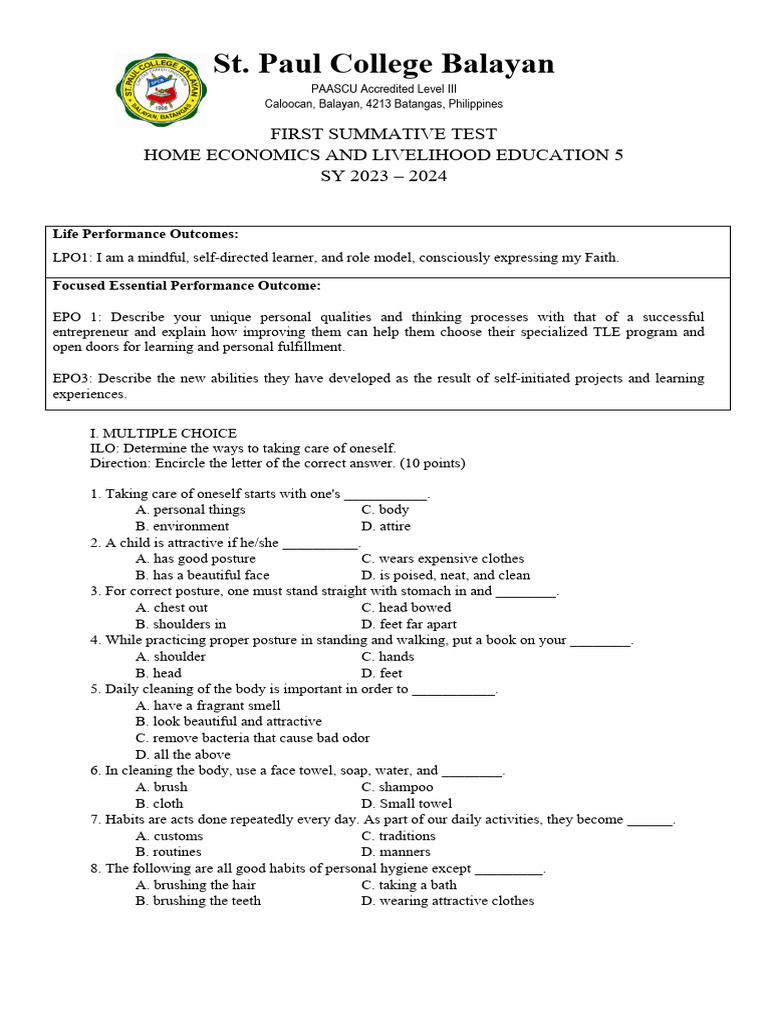 Q1 Summative Test in HELE 5 | PDF