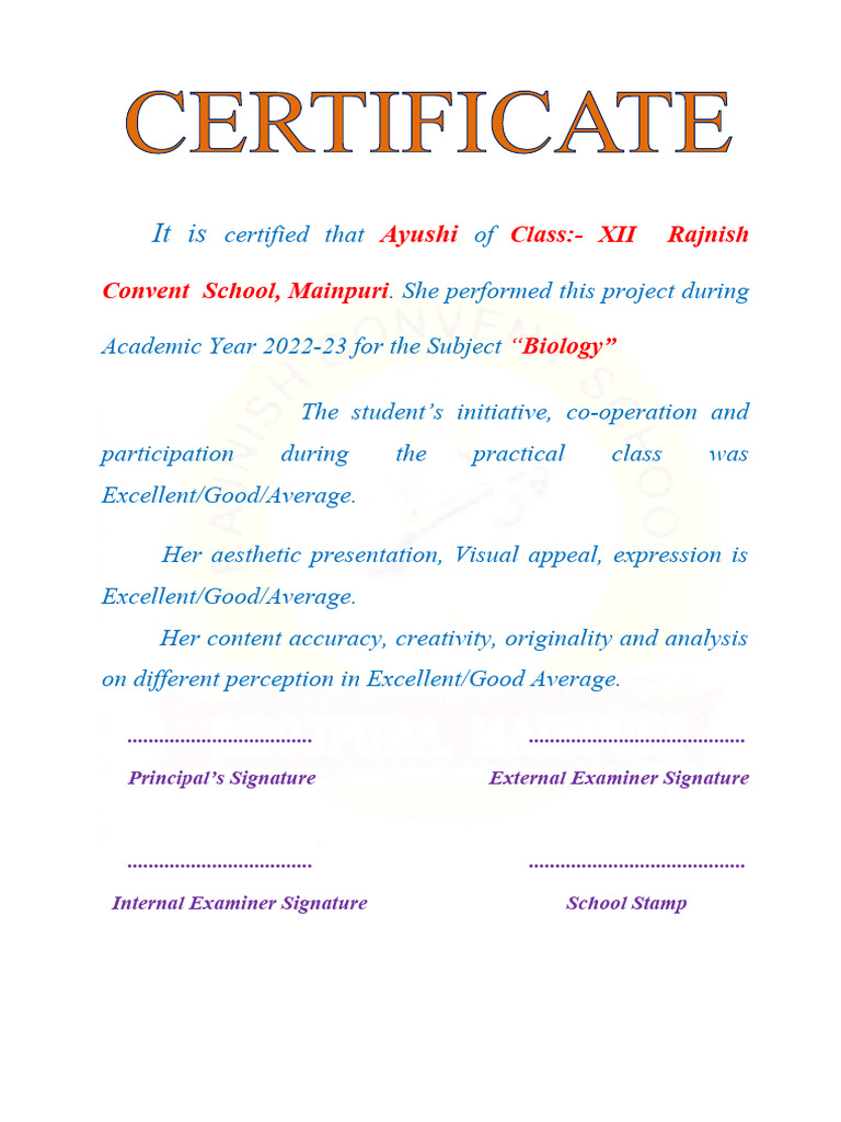 Rajnish Convent School Certificate | PDF