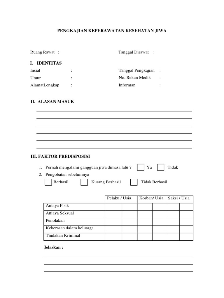 Format Pengkajian Keperawatan Kesehatan Jiwa. | PDF