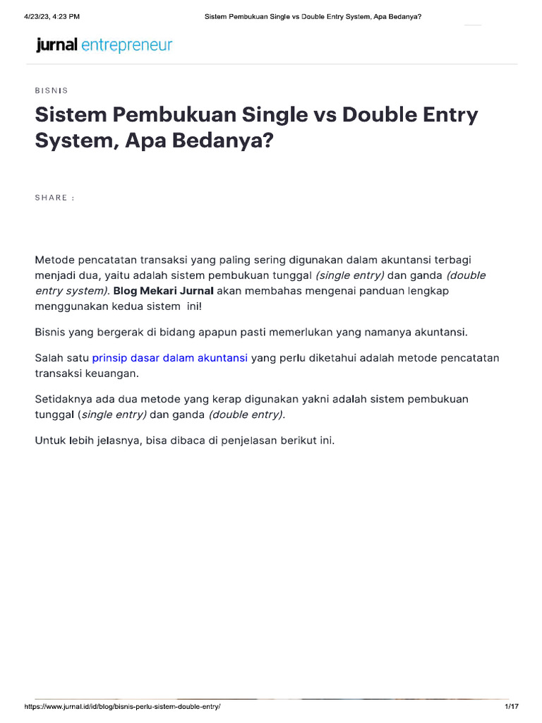 Sistem Pembukuan Single Vs Double Entry System, Apa Bedanya | PDF