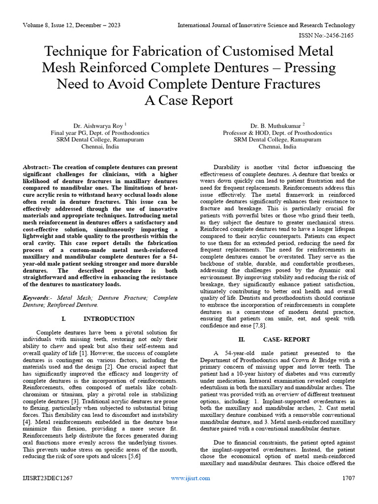Technique For Fabrication of Customised Metal Mesh Reinforced Complete ...