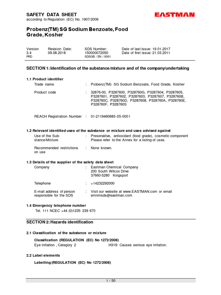 Sodium Benzoate Safety Data Sheet | PDF | Dangerous Goods ...