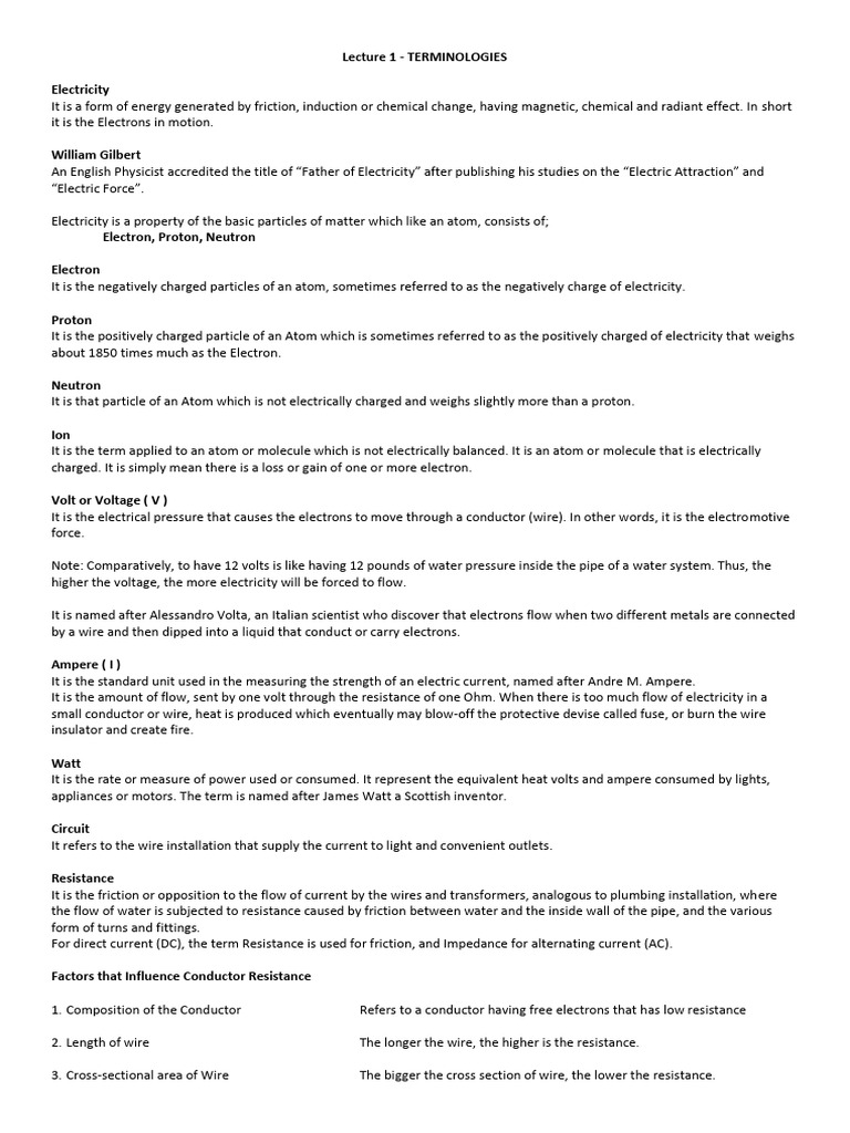Lecture 1 Electricity Terms Calculations | PDF