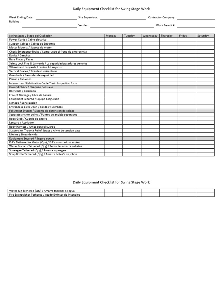 Swing Stage Daily Equipment Checklist | PDF