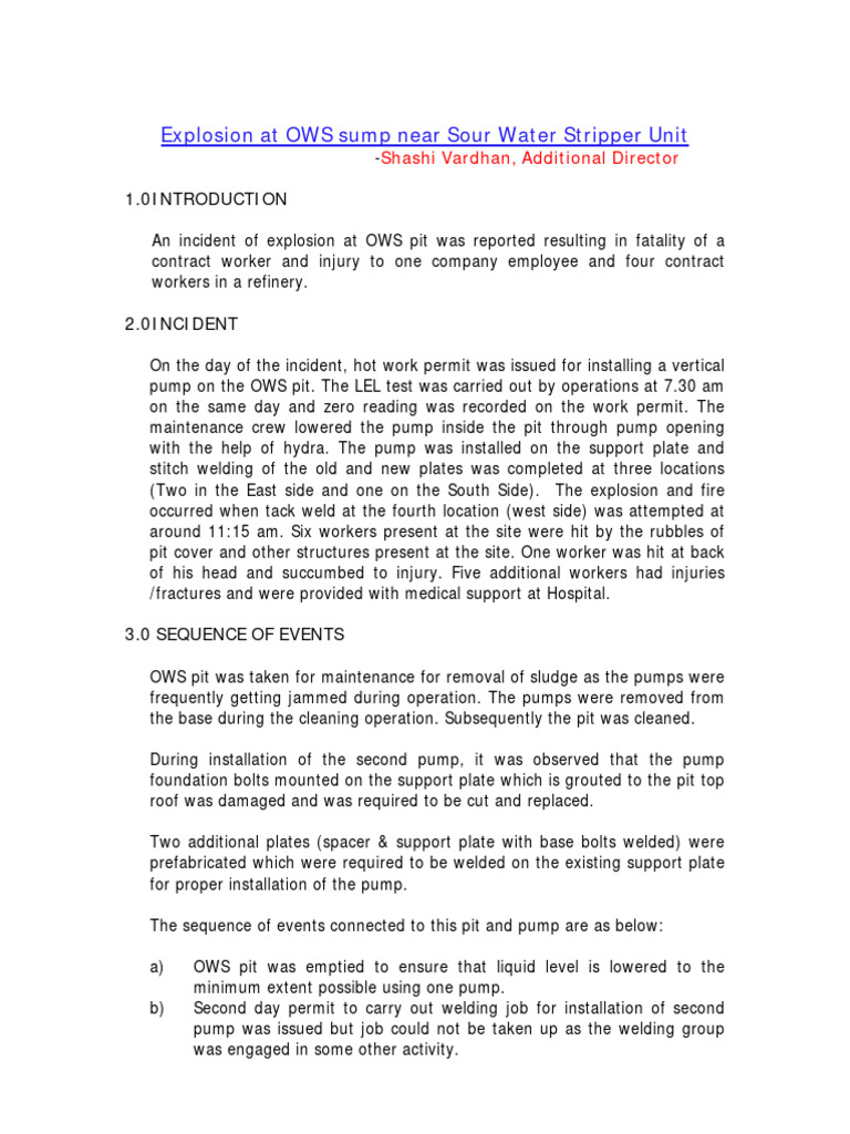 Ows Explosion Case Study | PDF | Pump | Vapor