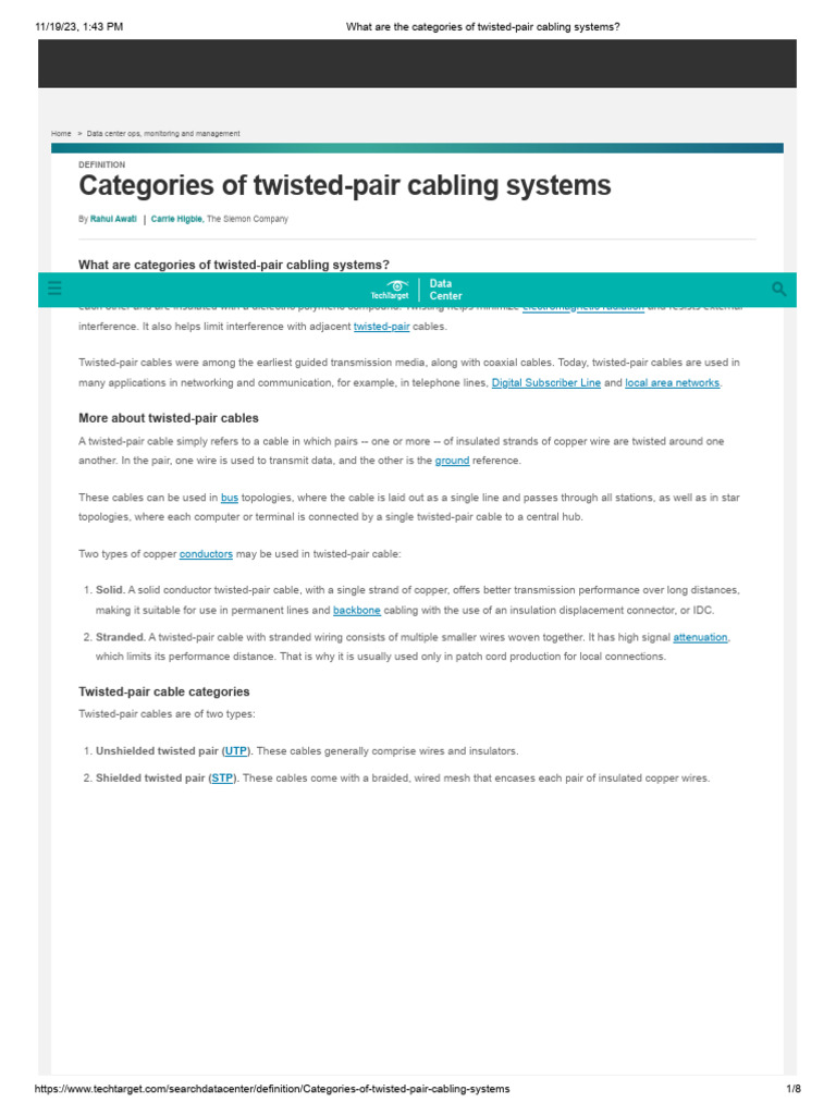 What Are The Categories of Twisted-Pair Cabling Systems | PDF