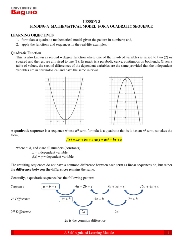 Lesson 3 Mathematical Model For Quadratic Sequences | PDF | Quadratic Equation | Variable ...