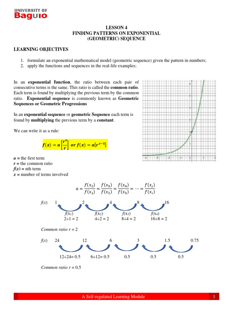 Lesson 4 MATHEMATICAL MODEL FOR EXPONENTIAL SEQUENCES (Geometric Sequence) | PDF