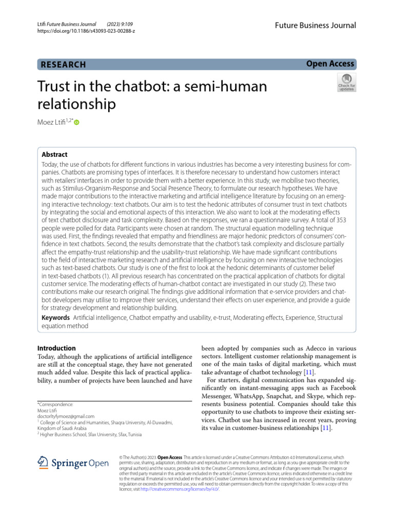 Trust in The Chatbot: A Semi-Human Relationship: Research Open Access | PDF