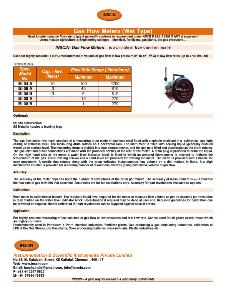 Laboratory Wet Type Gas Flow Meter | PDF
