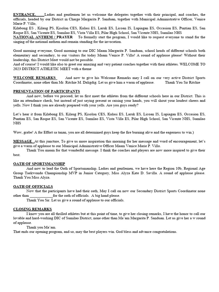 Emcee Script District Meet | PDF