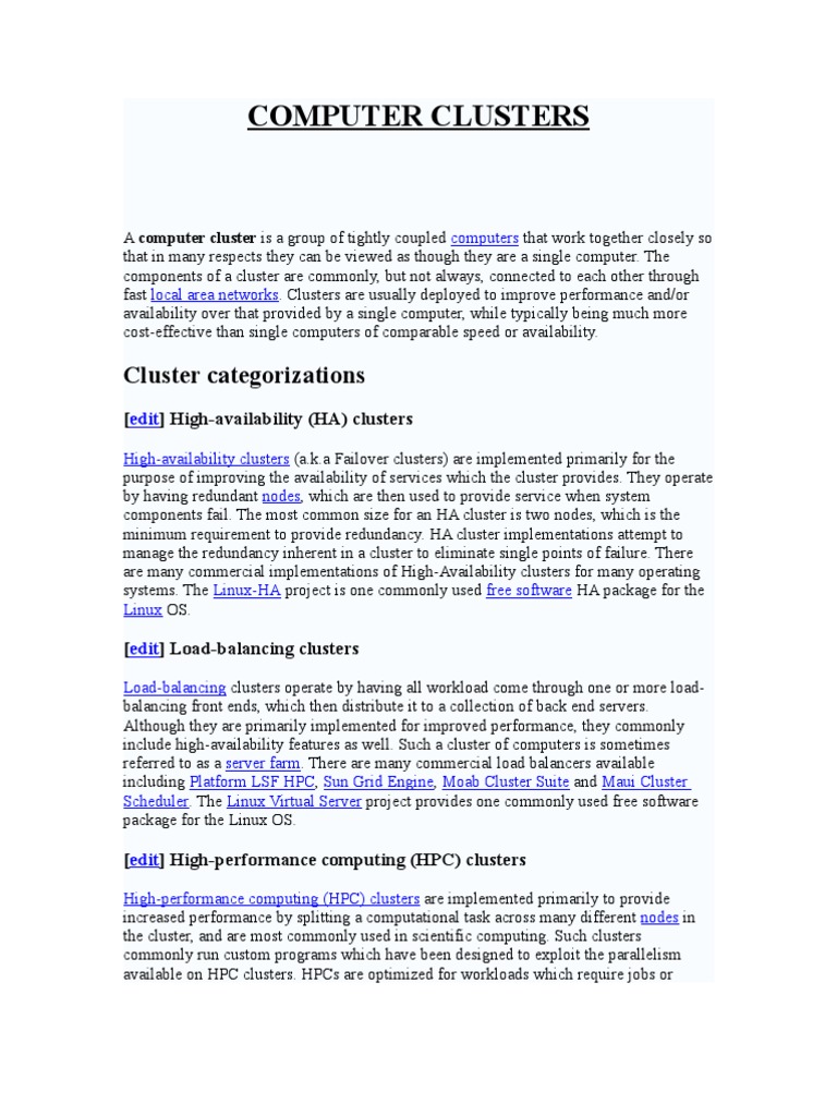 Computer Clusters Pdf Computer Cluster Supercomputer