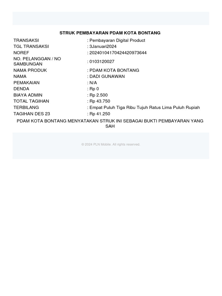 Struk Pembayaran Pdam Kota Bontang 03012024 95kdo 240103 091516 | PDF
