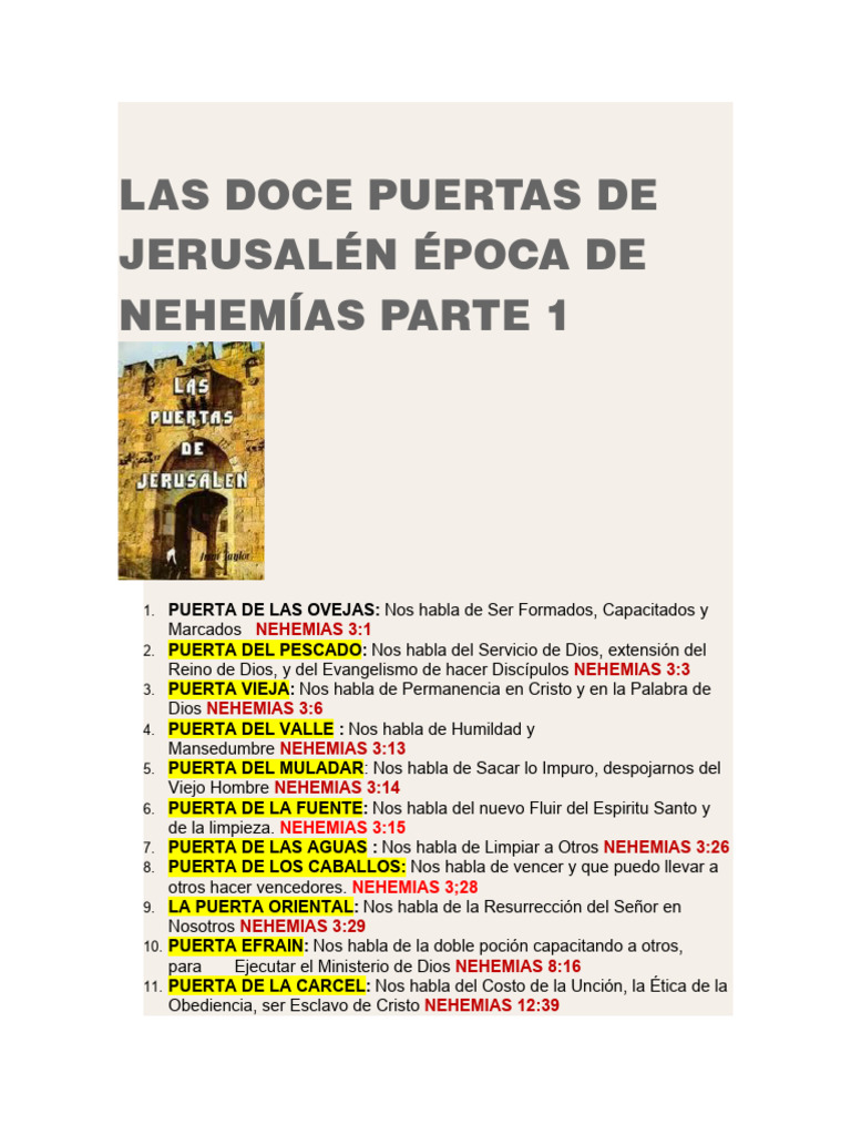 Las Doce Puertas de Jerusalén Época de Nehemías Parte 1 | PDF