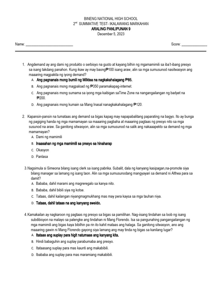 AP 9 - 2nd Quarter, 2nd Summative | PDF