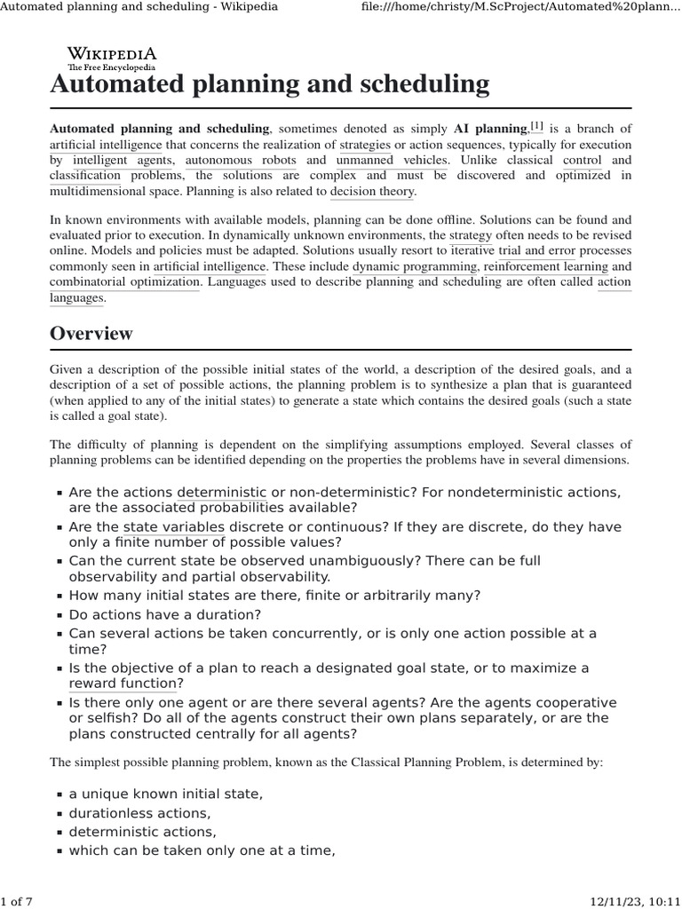 Automated Planning and Scheduling - Wikipedia | PDF