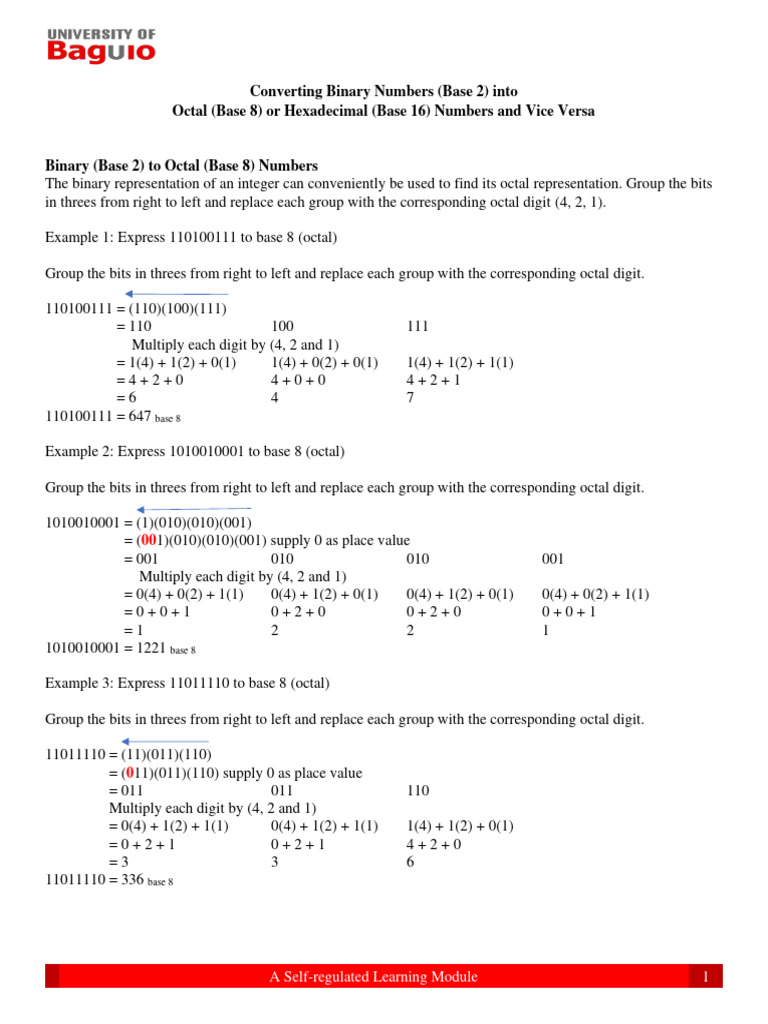 Lesson 15.1 Converting Binary Into Octal or Hexadecimal Numbers and Vice Versa | PDF | Numbers ...