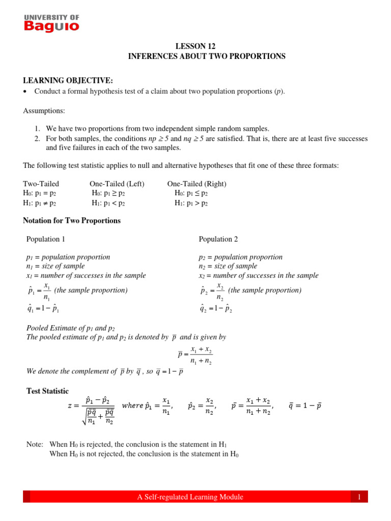 Lesson 12 INFERENCES ABOUT TWO PROPORTIONS | PDF | P Value | Null Hypothesis