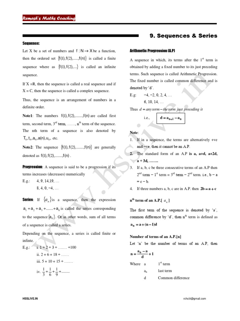 XI-CH 9 SEQUENCES AND SERIES-Ramesh-hsslive | PDF