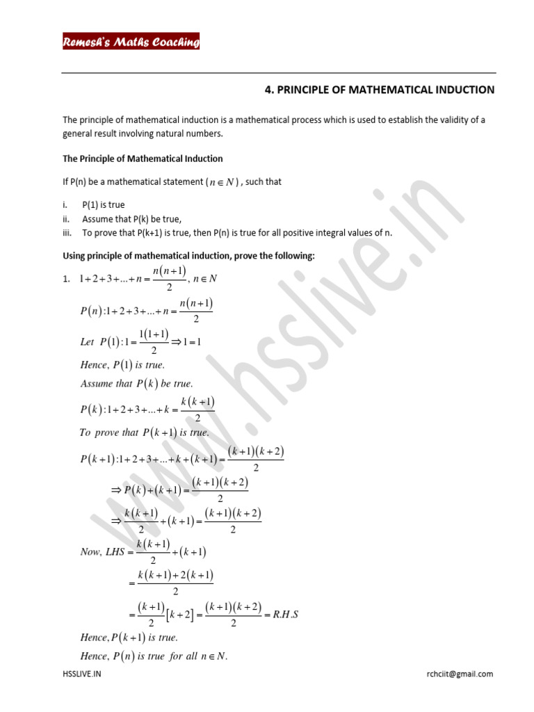 XI - PRINCIPLE OF MATHEMATICAL INDUCTION-Remesh-hsslive | PDF ...