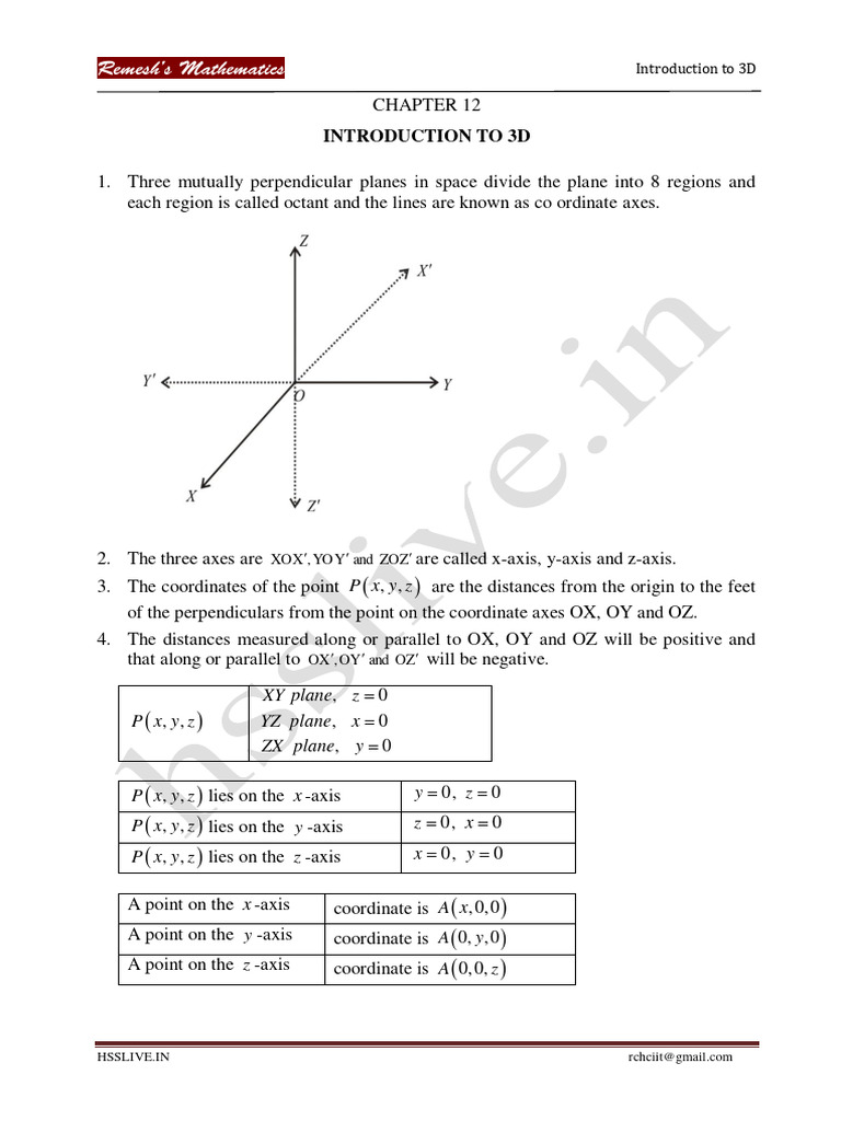 Hsslive-CH 12. INTRODUCTION TO THREE DIMENSIONAL GEOMETRY | PDF