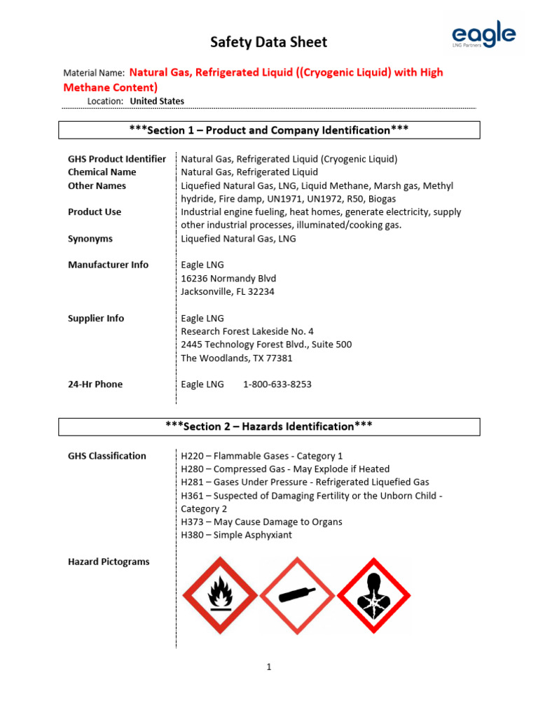 Eagle LNG Safety Data Sheet USA DEC2015 | PDF | Methane | Liquefied ...